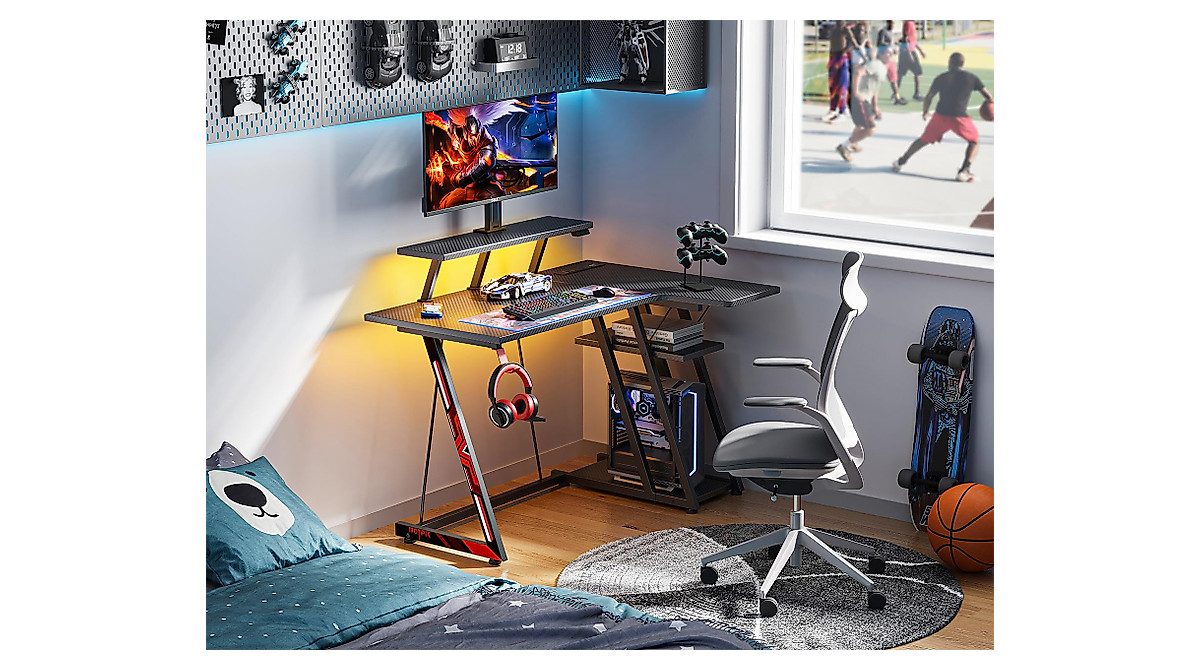 MOTPK L-Shaped Gaming Desk | LED Lights, Outlets & Monitor Shelf