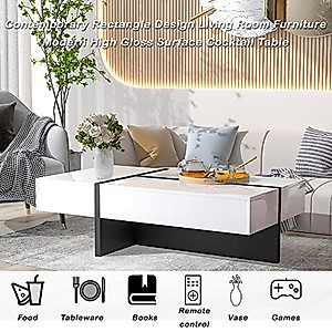 Merax Contemporary Rectangle Coffee Table, Modern High Gloss Surface, Living Room Furniture, White and Black