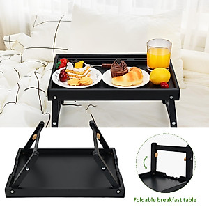 Moretoes Bed Tray Table for Eating, Bamboo Breakfast Food Tray with Adjustable Folding Legs and Phone Holders for Sofa Laptop Desk Snack Tray(Black)