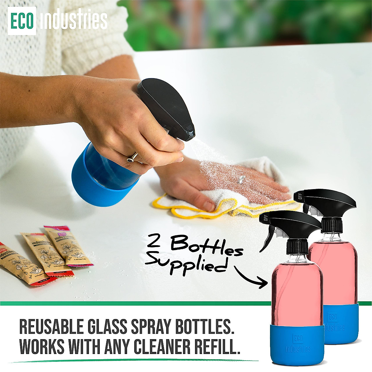 Eco Industries Glass Cleaning Spray Bottle x5 16oz | Refillable Spray Bottle With Premium Trigger Head & Silicone Sleeve Protection | Cleaning Spray Bottle For Essential Oils, Plants, Cleaning