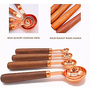 Stainless Steel Measuring Spoons, Long Wooden Handle Coffee Scoop, Kitchen Utensil for Fitting in Spice Jars, Scooping, Measuring & Serving, Tablespoon, Rose Gold Tea Spoon, Set of 4