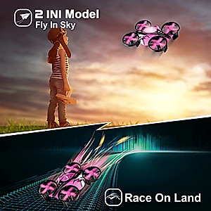 UNTEI 2 In 1 Mini Drone for Kids Remote Control Drone with Land Mode or Fly Mode, LED Lights,Auto Hovering, 3D Flip,Headless Mode and 3 Batteries,Toys Gifts for Boys Girls (Harbor Pink)