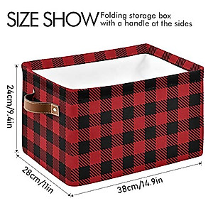 ALAZA Decorative Basket Rectangular Storage Bin, Black and Red Lumberjack Plaid Organizer Basket with Leather Handles for Home Office