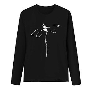YSLMNOR Womens Long Sleeve Tops Dragonfly Printing T-Shirts Basic Round Neck Pullover Fall Blouse Casual Shirts Black