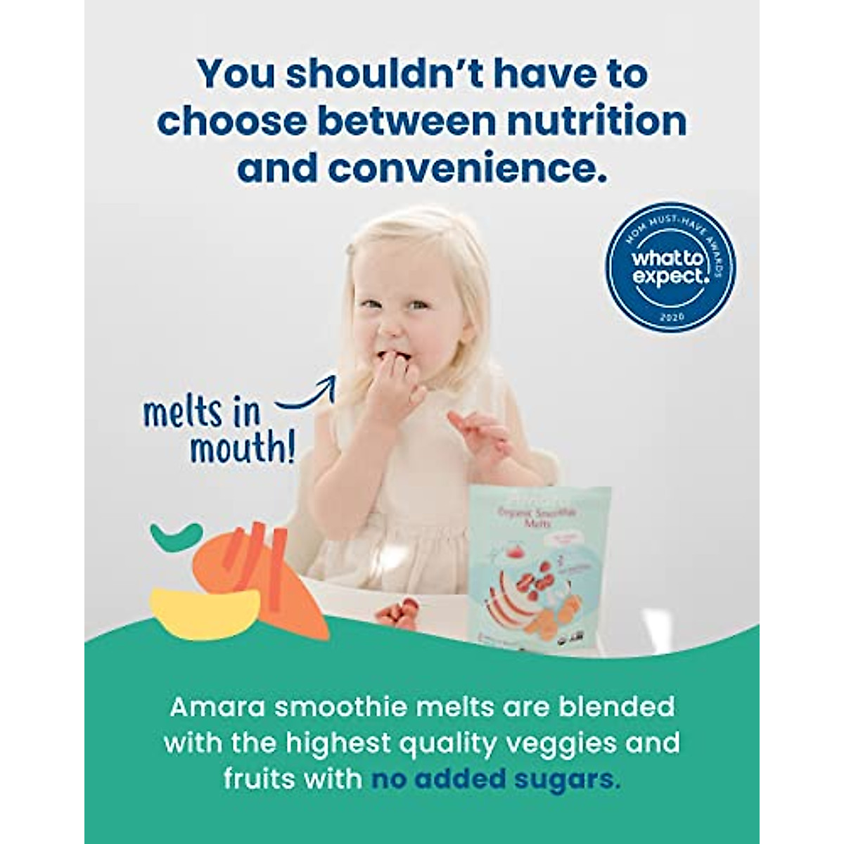 Amara Smoothie Melts - Mango Carrot - Baby Snacks Made With Fruits and Vegetables - Healthy Toddler Snacks For Your Kids Lunch Box - Organic Plant Based Yogurt Melts - 6 Resealable Bags