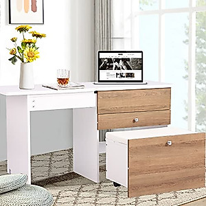 SAMERY Makeup Vanity Desk with Mirror and Drawers, Flip Top Vanity Table Set with Storage Cushioned Stool, 4 in 1 Wood Dressing Table for Women Girls for Bedroom, Short, White