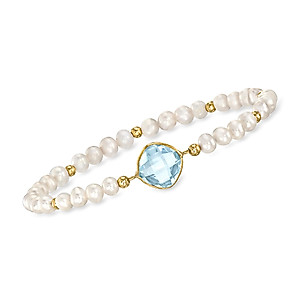 Ross-Simons 4.60 Carat Sky Blue Topaz and 4-5mm Cultured Pearl Bracelet in 14kt Yellow Gold