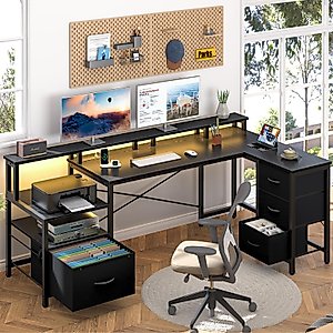 Yoobure L Shaped Desk with Drawers, Gaming Desk with LED Lights & Outlets, 75" Reversible Computer Desk with Storage File Cabinet & Printer Stand, Corner Desk Office Desk with Dual Monitor Stand Black