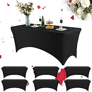 6 Pack Spandex Table Cover Fitted Spandex Tablecloths Stretch Table Cover Stretchy Table Cloth Washable Polyester Table Protector for Folding Rectangle Table, Wedding Party or Event(Black,8 Ft)