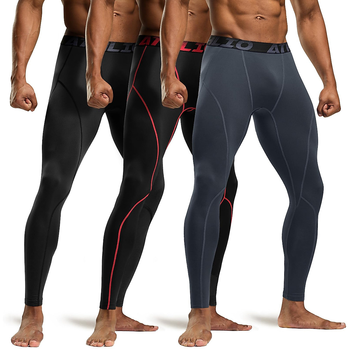 ATHLIO Men's Thermal Compression Pants, Athletic Running Tights & Sports Leggings, Wintergear Base Layer Bottoms, 3pack Thermal Pants Black/Black & Red/Charcoal, X-Large
