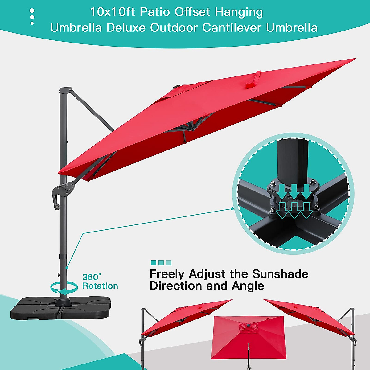 Sunnyglade 10x10Ft Cantilever Patio Umbrella Square Deluxe Offset Umbrella 360°Rotation & Integrated Tilting System Heavy Duty Patio Hanging Umbrella for Market Garden Deck Pool Backyard Patio (Red)