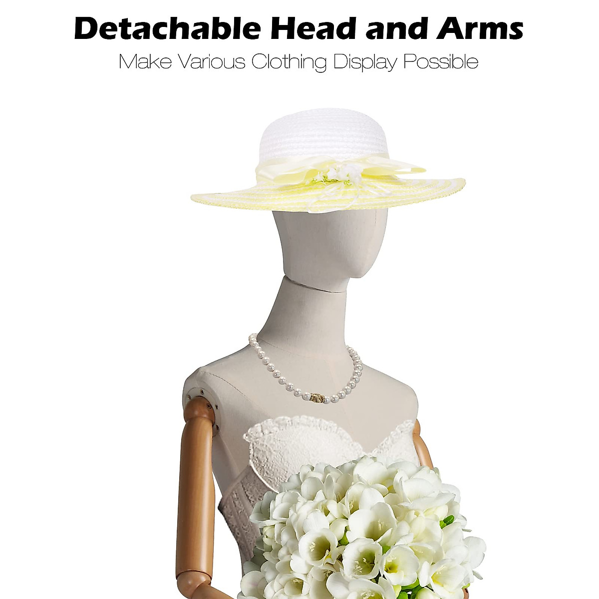 Bonnlo Dress Form with Head and Posable Wood Arms, Height Adjustable Mannequin Torse Body, Female Clothing Display Model with Metal Base