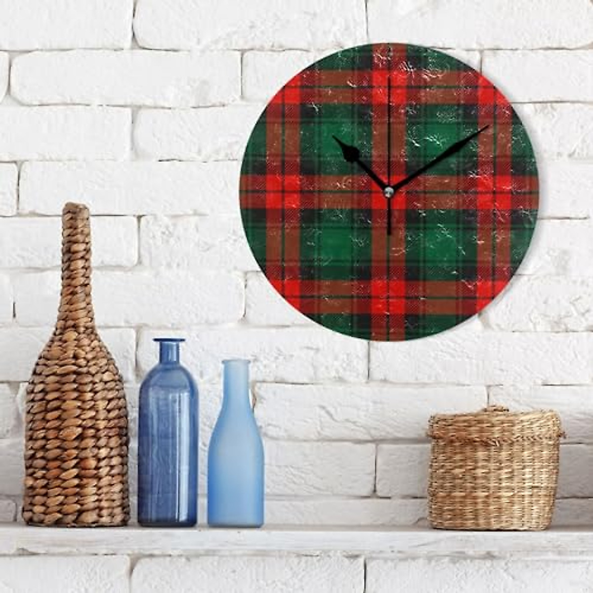 Haskirky Round Digital Clock Red and Green Grid Creative Decorative Quiet Not Ticking Clock,Bedroom Living Room Bathroom Kitchen Office Wall Ornament (Gold 10x10In)