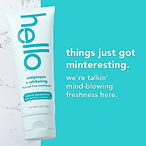 Hello Antiplaque Whitening Toothpaste, Fluoride Free Toothpaste for Teeth Whitening with Natural Peppermint Flavor and Tea Tree Oil, Peroxide Free, Gluten Free, SLS Free, 3 Pack, 4.7 OZ Tubes
