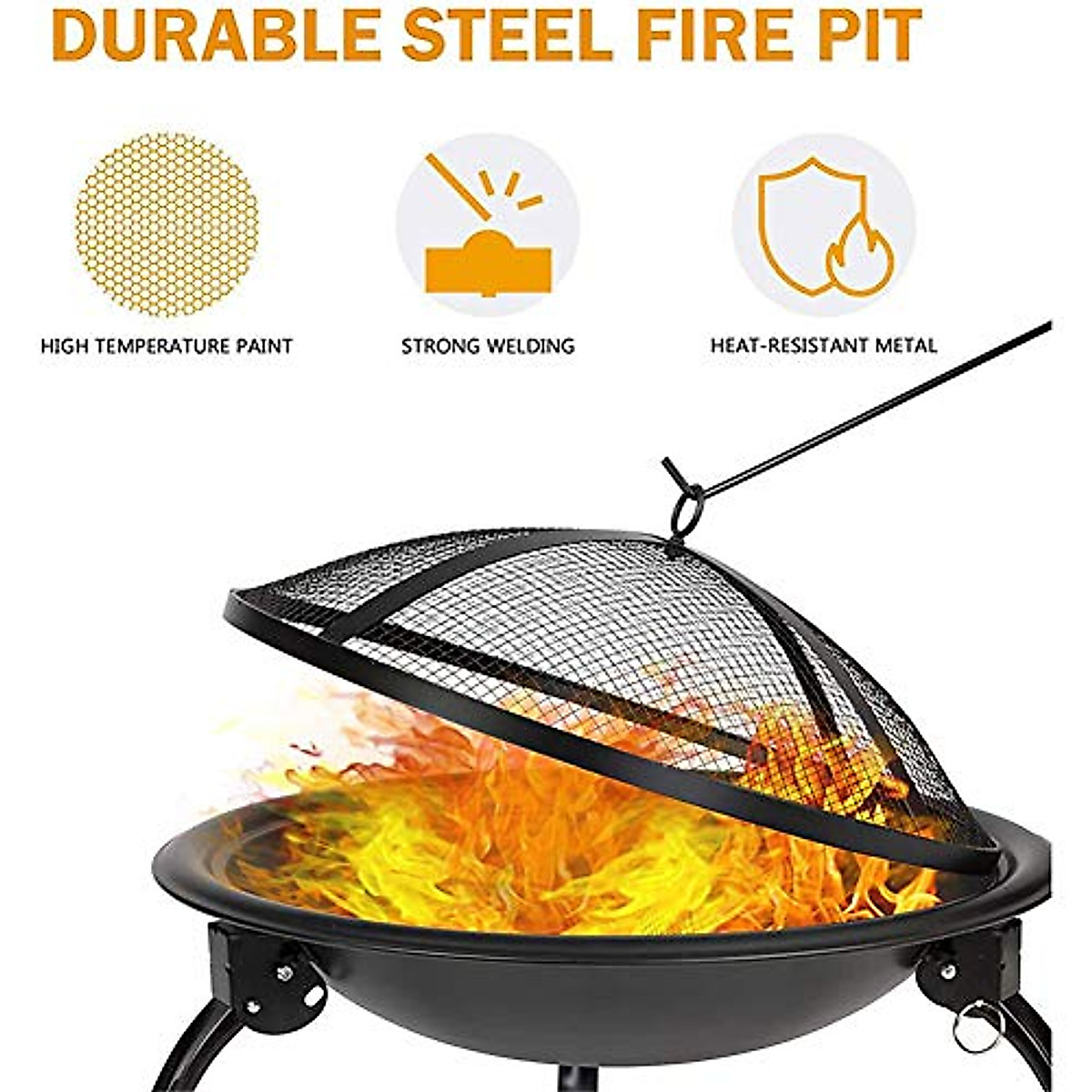 Portable Outdoor Fire Pit Bowl, Round Wood Burning Fire Pit with Spark Screen, Fireplace Poker, for Outside Garden Picnic, Black
