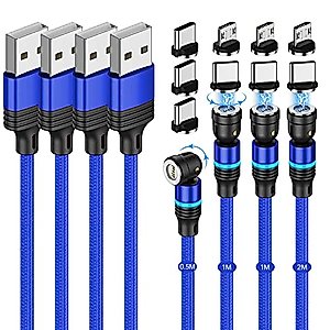 Losuesme Magnetic Charging Cable (1.6ft+3.3ft+3.3ft+6.6ft,4 Pack) 540° Rotation 3A Fast Charging Data Sync 3 in 1 Magnetic Phone Charger Cable Compatible with Android Micro USB Type C Phone Devices