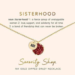 Sorority Shop AOP Necklace - Alpha Omicron Pi Red Druzy Gemstone Necklace With Engraved Pendant – 14K Gold Dipped Jewelry with Red Gemstone – Sorority Gift, Charm Paraphernalia