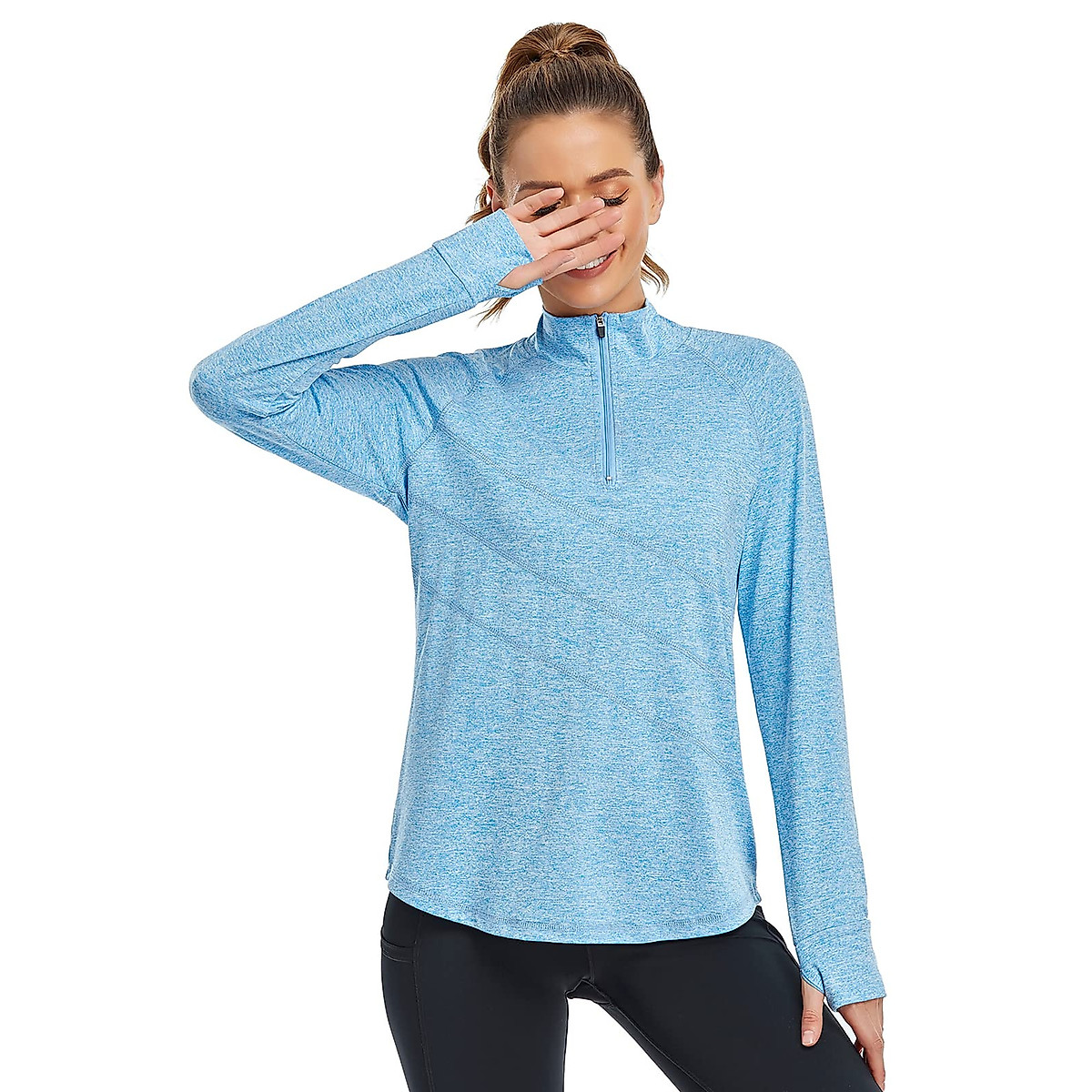 Quarter Zip Pullover Women,Cucuchy Long Sleeve T Shirts Fit Athletic Tops V Neck Quarter Zip Sweat Wicking Trendy Casual Golf Top Yoga Running Training Athletic Fall Warm Tunic Blue M