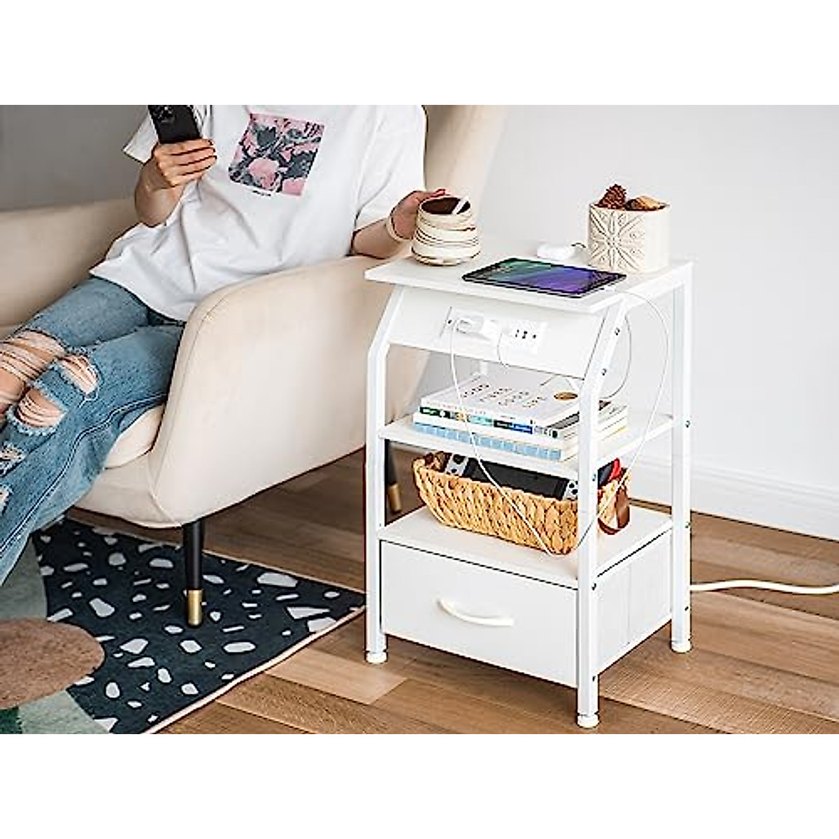 Labcosi White Nightstands with Fabric Drawer, 25" Tall Bedside Table with Charging Station, Bedroom End Tables and Dresser, 2 Pack