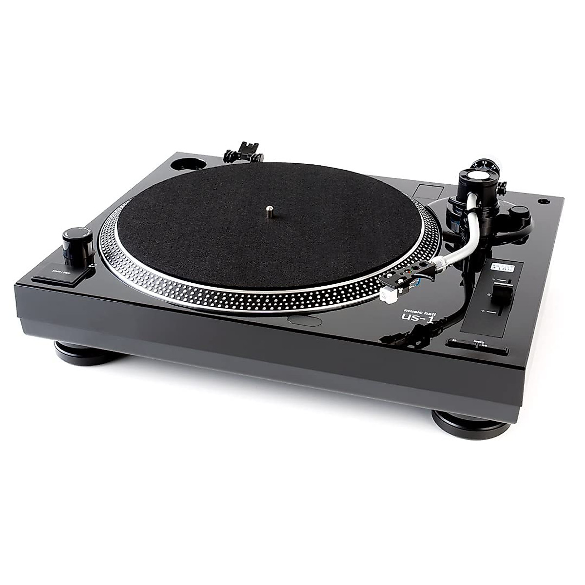 Music Hall US-1 High-Fidelity Belt-Drive Turntable with Built-in Preamp Pre-Mounted Audio Technica Cartridge S-Shaped Tonearm Detachable Headshell for Easy Upgrades is Stylish Glossy Black Finish