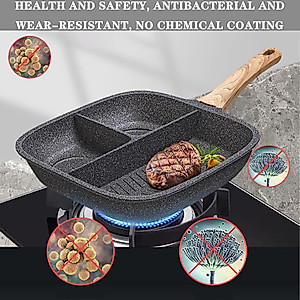 JUSTUP Nonstick Egg Frying Pan, 3-in-1 Egg Pan Divided Grill Frying Pan, Heat Resistant Handle 3 Section Skillet, Omelette Pan for Breakfast, Egg, Bacon and Burgers (11.4 Inch)