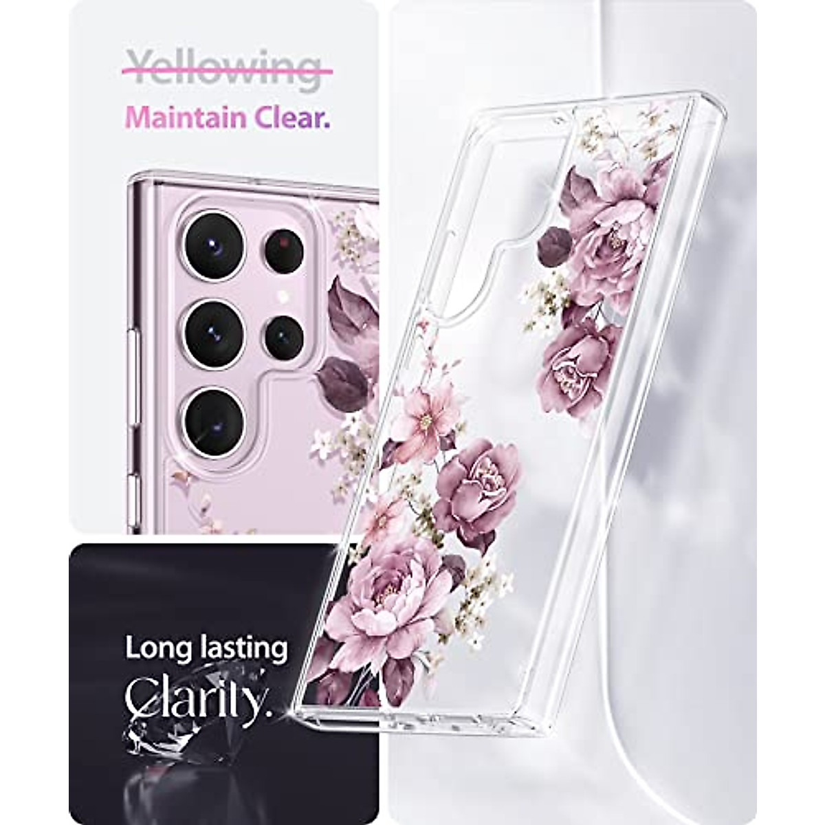 GUOVLIN for Samsung Galaxy S23 Ultra Case 6.8", [Camera Lens Protector] Flower Shockproof Hard Back & Soft Edge Clear Floral Women Protective Slim Bumper Phone Cover, 2023 (Alluring Purple)