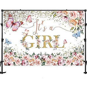 Withu It's a Girl Backdrop for Baby Shower Party Decorations Blush Pink Floral Rose Flowers Butterfly Glitter Gold Dots Photo Booth Banner Photoshoot Photography Background 7x5ft
