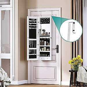YITAHOME LEDs Jewelry Cabinet Wall Mounted, 47.2" H Jewelry Armoire Over door with Mirror Space Saving Jewelry Storage Organizer, 2 Drawers, Foldable Makeup Shelf, White