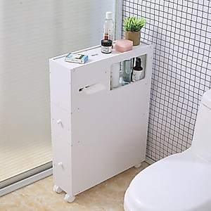 ILWorkTLs Toilet Slim Bathroom Storage Cabinet, Narrow Cabinet with Drawer and Wheel,2 Drawers Toilet Slim Floor Cabinet for Bathroom,White