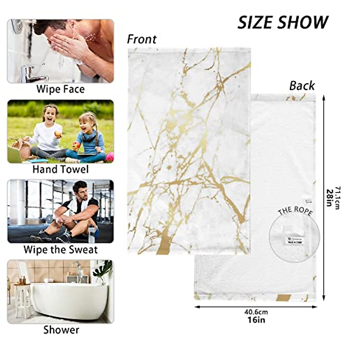 Jucciaco Gold White Marble Cotton Towels for Bathroom Spa Sports, Soft Absorbent Hand Towels Set of 2, 16x28 inch