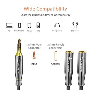 Arcismati Headphone Splitter, 3.5mm Extension Cable Audio Stereo Y Splitter, TRS 3.5mm Male to 2 Ports 3.5mm Female, Nylon Braided, 3 Pole