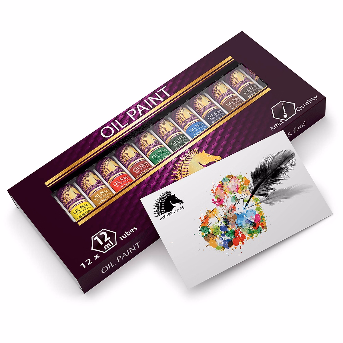 MyArtscape Oil Paint Set - 12 x 12ml Tubes - Lightfast - Heavy Body - Oil-based Vibrant Colors - High Pigment Load - Non-fading - Artist Quality Painting Supplies - Professional Craft Paints