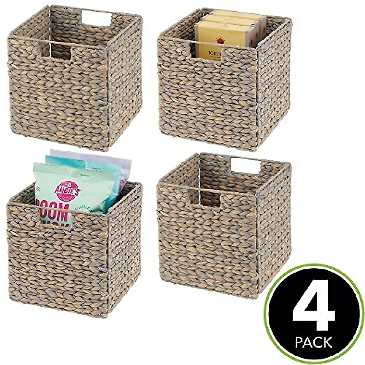 mDesign Natural Woven Hyacinth Cube Storage Bin Basket Organizer with Handles for Kitchen Pantry, Cabinet, Cupboard, Shelf/Cubby Organization, Hold Food, Drinks, Snacks, Appliances, 4 Pack, Gray Wash