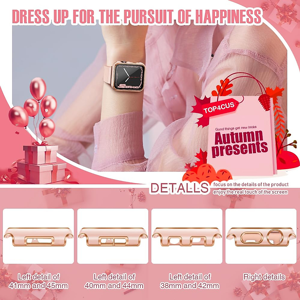 top4cus 38mm Case Compatible with Apple Watch, with Built-in Tempered Glass Screen Protector, PC Cover for iWatch Series 9/8/7/SE 2rd SE 6 5 4/3 2 for Choice (38mm, Pink + Rose Gold Edge)