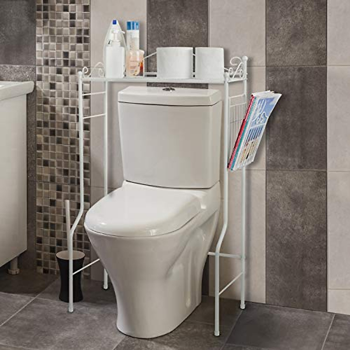 MyGift White Metal Bathroom Over The Toilet Shelf with Magazine Basket, Space Saver Freestanding Storage Organizer Rack