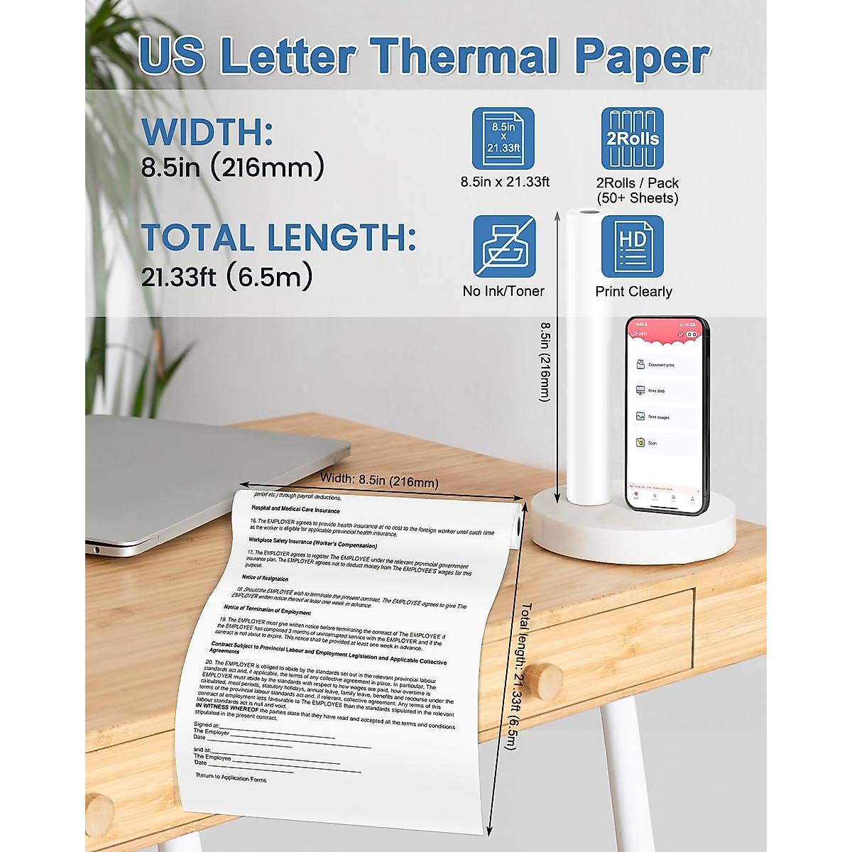 Memoking Portable Printer for Travel, Bluetooth Thermal Printer Support 8.5" X 11" US Letter & A4 Size Thermal Paper, Inkless Printer Compatible with iOS, Android & Laptop for Office, Home, School