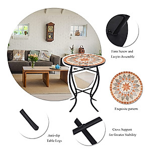 VCUTEKA Mosaic Side Table, 21" Round End Table with 14" Ceramic Tile Top, Patio Accent Table Indoor and Outdoor End Table for Yard, Garden, Living Room, Bistro Balcony or Lawn Golden Sun