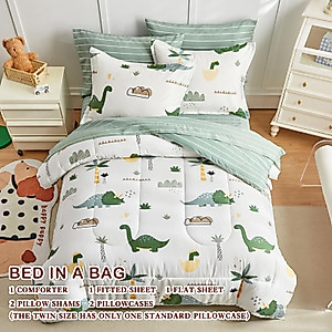 Joyreap Bed in a Bag Cotton, Dinosaur Theme Fresh Green, Twin Size 6-Piece Cotton Bedding Comforter Set for Kids Boys n Girls- 1 Comforter, 2 Pillow Shams, 1 Flat Sheet, 1 Fitted Sheet, 1 Pillowcase