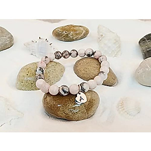 Handmade Alphabet Letters Love Heart Charm Pendant Healing Natural Gemstones 8mm Rose Pink Zebra Jasper Beads Stretched Beaded Bracelet,Anxiety Pain Stress Strain Fear Relief Beading Bracelets,Love Gift for Mother Grandmother Daughter Wife . (C)