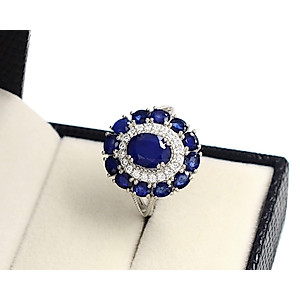 September Birthstone Natural 9X7 MM Oval Cut Blue Sapphire Gemstone 925 Solid Silver Cluster Unisex Proposal Ring Wedding Jewelry For Bridal Gift (Rhodium Plated Silver, 6)