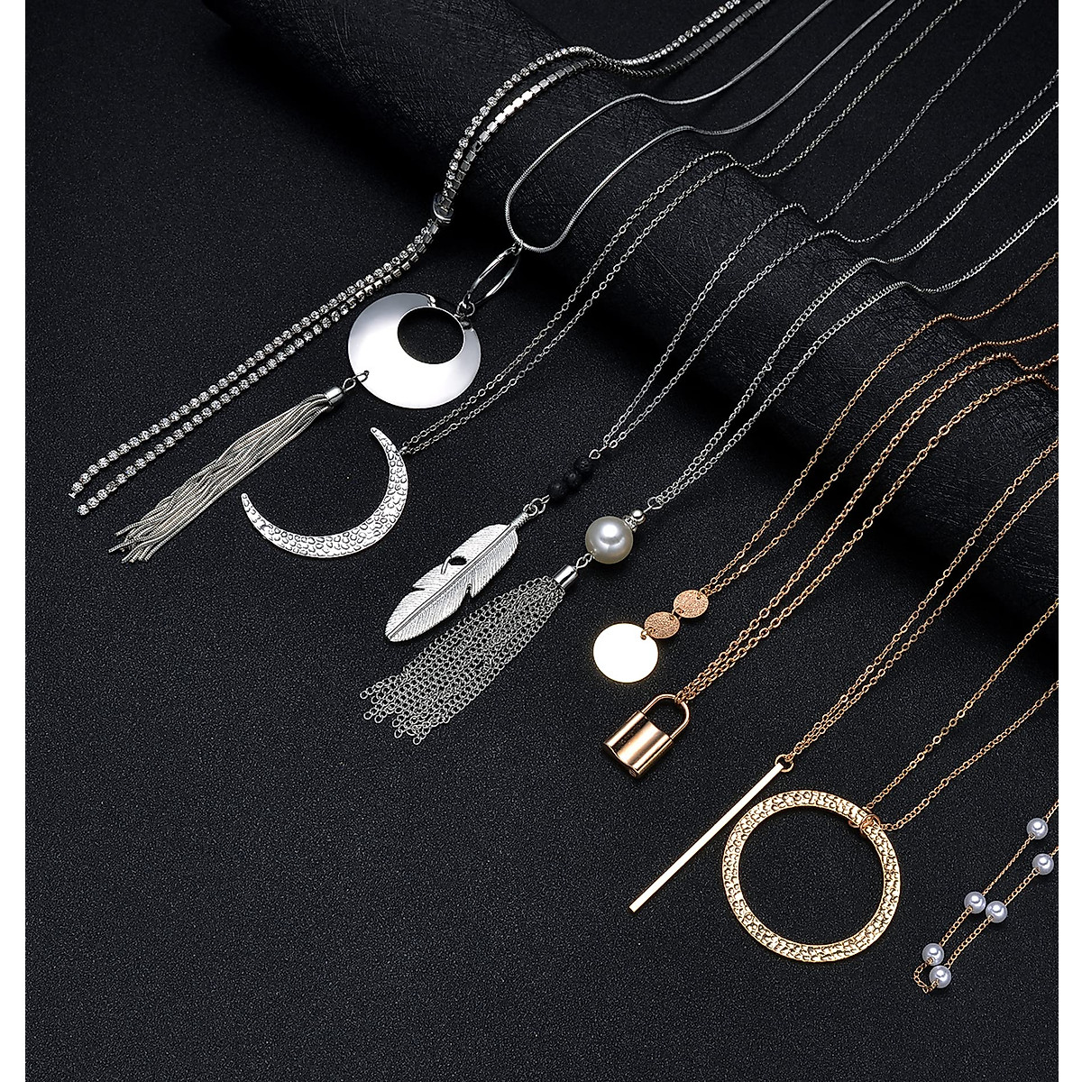 Ofeiyaa 10Pcs Long Pendant Necklace Simple Moon Bar Three Triangle Tassel Lock Sweater Y Shape Punk Chain Choker Necklace for Women Men Gold Silver Tone (E:10Pcs (Lock))