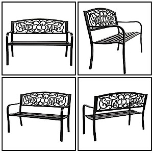 Dkeli Garden Patio Bench Outdoor Metal Park Bench Furniture Sturdy Cast Iron 50" Porch Chair Seat with Armrests 480BLS Bearing Capacity for Park Yard Deck Entryway, Black