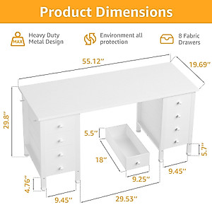White Computer Desk with Drawers for Storage - 55 inch Home Office Desk with 8 Fabric Drawers, Writing Study Desk with Drawers on Both Sides for Bedroom
