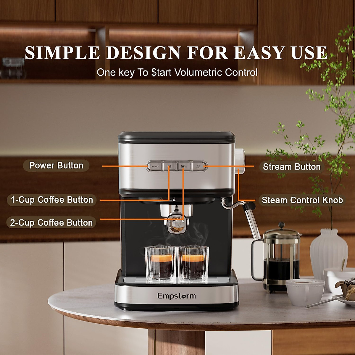 Empstorm 20 Bar Espresso Machine, Cappuccino Machines with Milk Frother Steam Wand, Latte Machine for Home&Barista, Automatic Shut-off Function