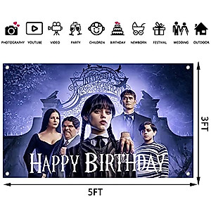 Wednesday New Addams Party Supplies, Happy Birthday Backdrop for Wednesday Party Decorations, 5 x 3FT Birthday Banner for Girls Boys Kids Birthday Party Decor