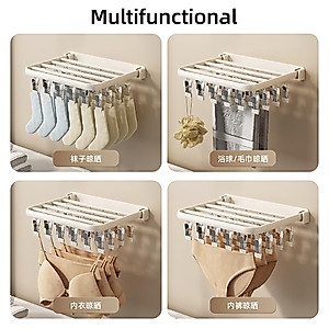 Wall mounted Sock drying rack Clothes Drying Rack,24 Clips Hole-Free Hidden Retractable Clothes Drying Rack Folding Indoor, Laundry Clothes Drying Rack Suitable for Drying Socks (WHITE-24 Clips)