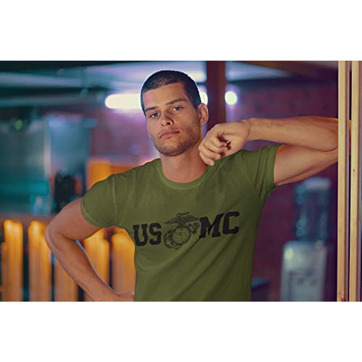 Lucky Ride Marine Corps Bull Dog Front & Back USMC Mens Military T-Shirt,Military Green,2XL