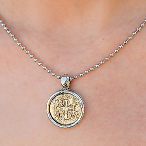 Lizzy James Handcrafted Antique Greek Coin Inspired Gold Cross Necklace | Made with Durable Stainless Steel Chain with Adjustable length from 18 to 28 inches Choker | Made in USA