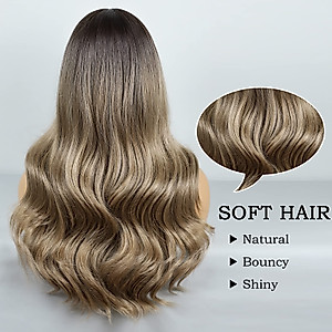 BOGSEA Wig with Bangs Ombre Dark Blonde Long Wavy Wigs for Women Synthetic Heat Resistant Wigs for Daily Party (Dark Ashy Blonde Ombre)