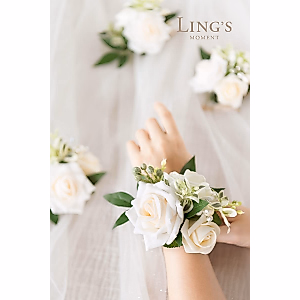 Ling's Moment 2pcs Homecoming Wrist Corsage Artificial Flowers, Girl/Mother Corsages Wristlet Décor for Prom/Wedding/Anniversary, etc. White Ivory